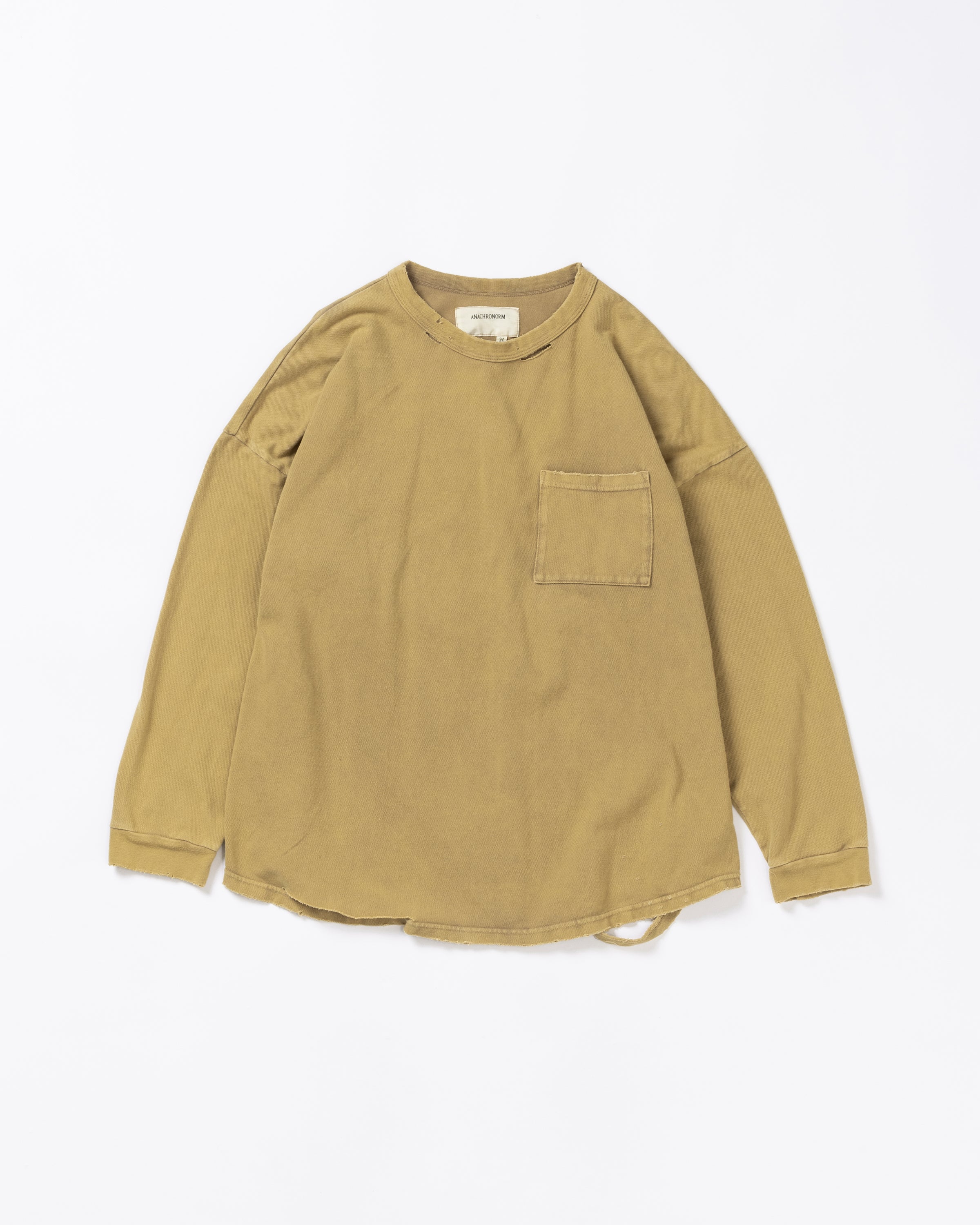 AN379-D MOSS STITCH DAMAGED POCKET L/S T-S BROWN – ANACHRONORM